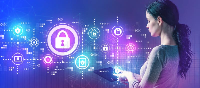 Cyber Security with Woman Using a Tablet Stock Image - Image of online ...