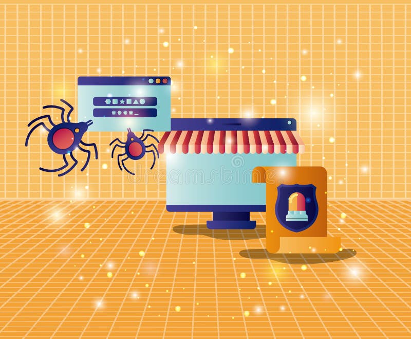 Cyber Security with Computer Stock Vector - Illustration of device ...