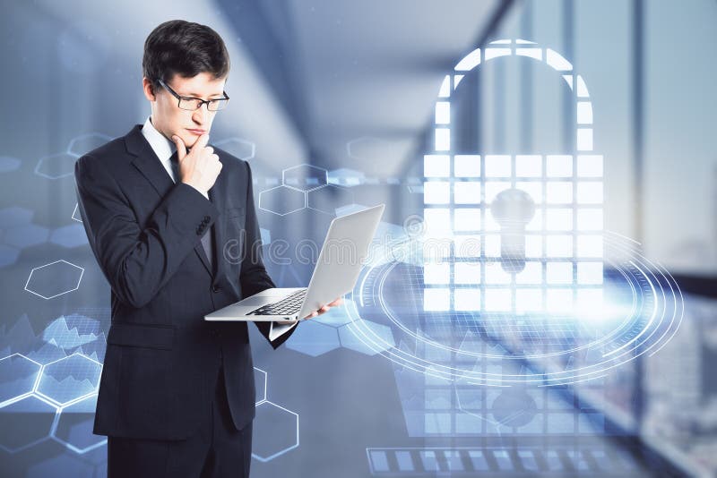 Cyber Security Concept with Businessman with Laptop and Digital Lock ...