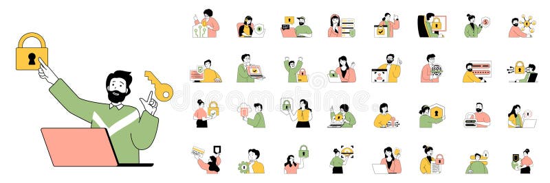 Cyber Security Concept with Character Situations Mega Set in Flat Web ...