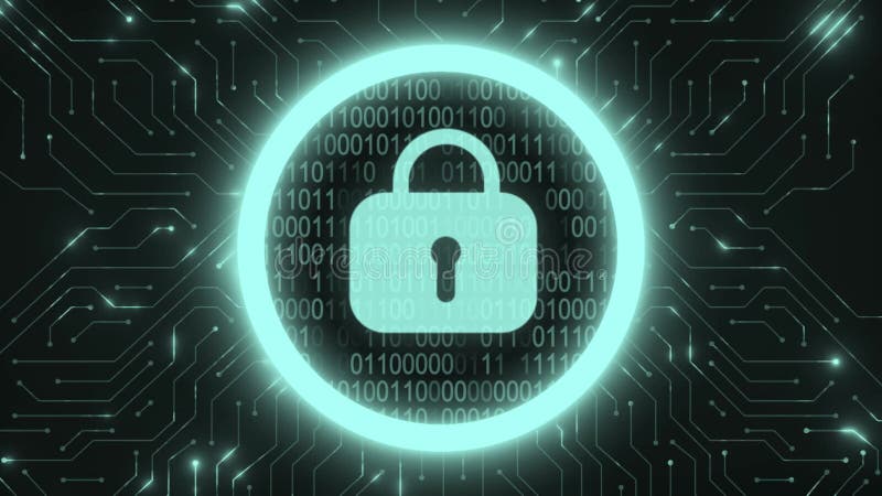 Cyber Security Concept Closed Lock Running Binary Code Circuit Grid