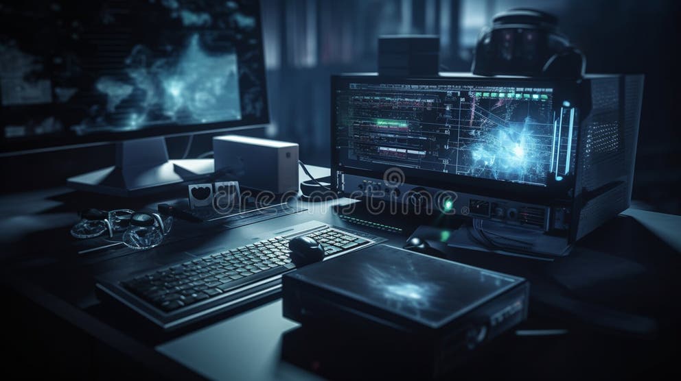 Cyber Security Concept. Dark Room with Computer and Equipment Stock ...