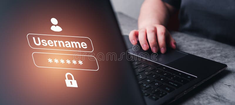 Woman Use Laptop with Hologram Interface for Login with Password. Stock ...