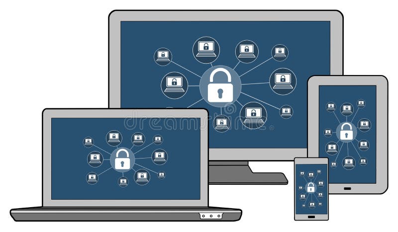 Cyber Security Concept on Different Devices Stock Illustration ...