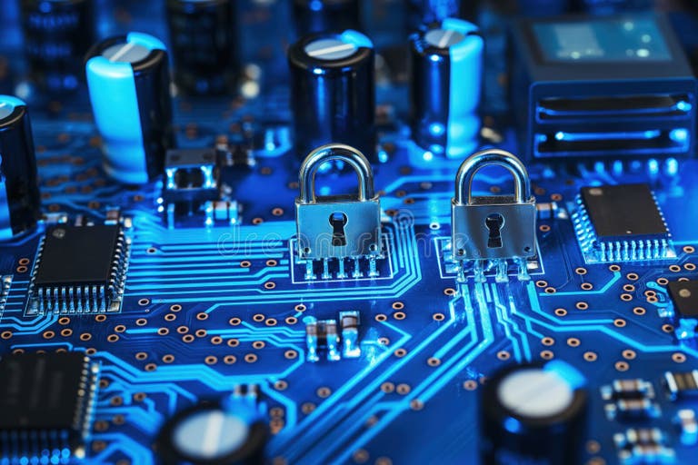 Cyber Security Concept Featuring Locks on Blue Integrated Circuit ...