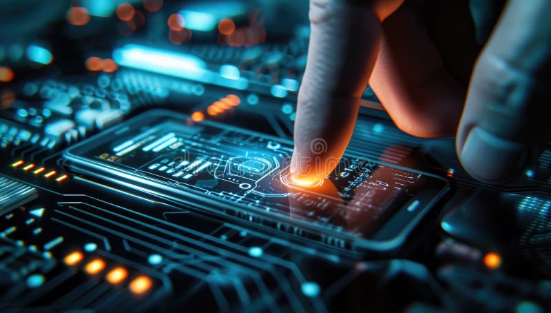 Cyber Security Concept. Finger Touching on a Circuit Board Stock ...