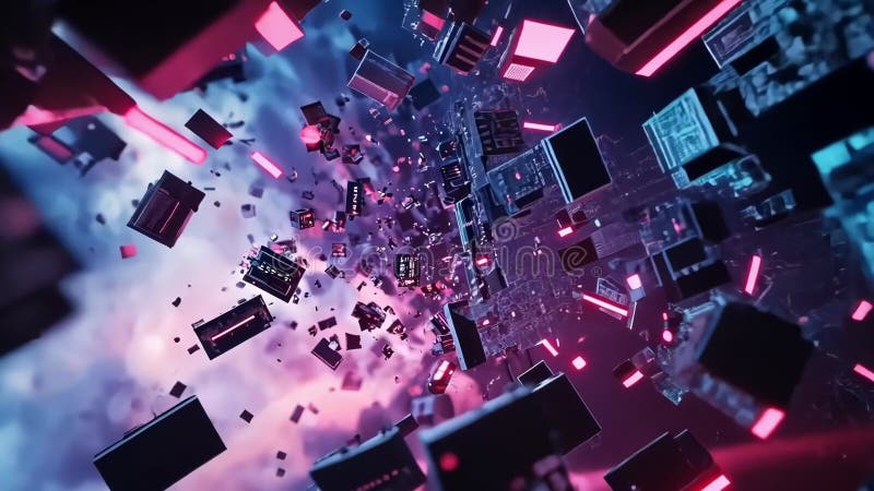 Cyber Security Concept With Floating Data Blocks And Binary Code Stock