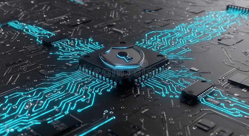 Cyber Security Concept Glowing Circuit Board with Shield and Keyhole ...