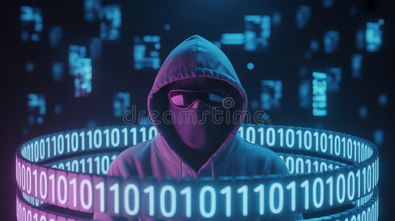 Cyber Security Concept with Hacker and Binary Code Ring Stock Illustration - Illustration of ...