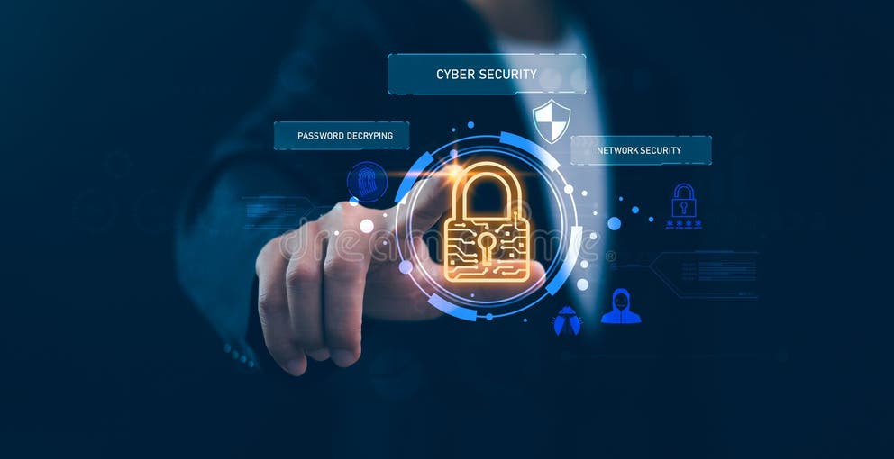 Cyber Security Concept. Hand Pointing at a Digital Padlock with Network ...