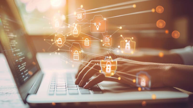 Cyber Security Concept with Hands Typing on Laptop Keyboard Double ...