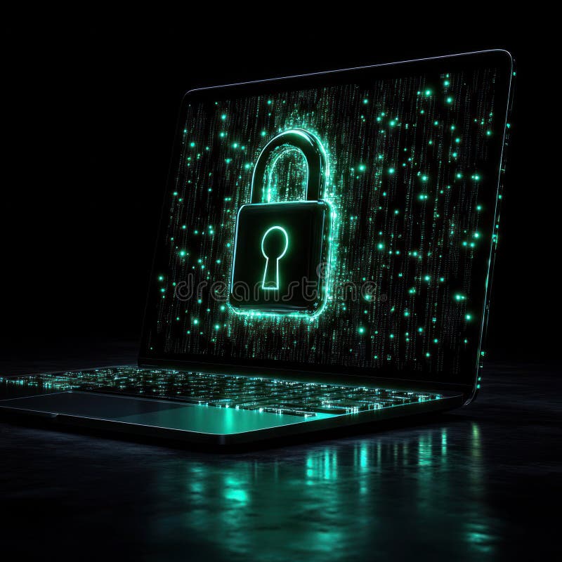Cyber Security Concept: Laptop with Green Glowing LED Padlock for Data ...