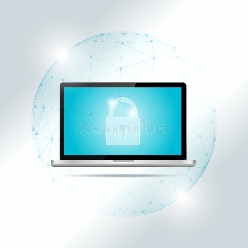 Cyber Security Concept with Laptop Protected in Polygonal Sphere Shield ...