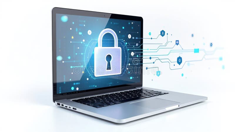 Cyber Security Concept. Lock, Key Hole on Blue Laptop Screen Stock ...