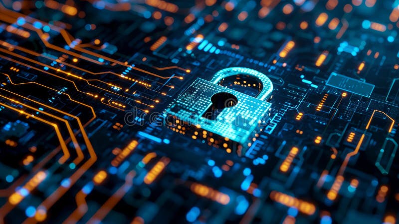 Cyber Security Concept. Lock, Key Hole and Laptop on Digital Pattern ...