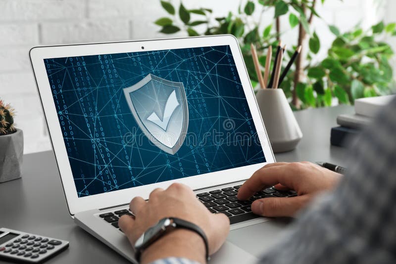Cyber Security Concept. Man Using Application on Laptop Stock Photo ...