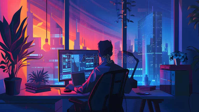 Late Night Computer Internet Work Concept Stock Illustrations – 232 ...