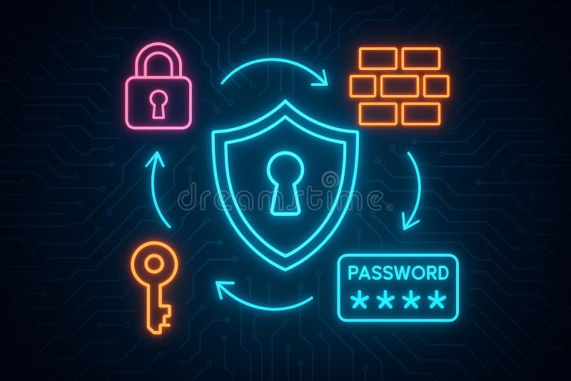 Cyber Security Concept with Neon Icons of Lock, Firewall, Key, Password ...