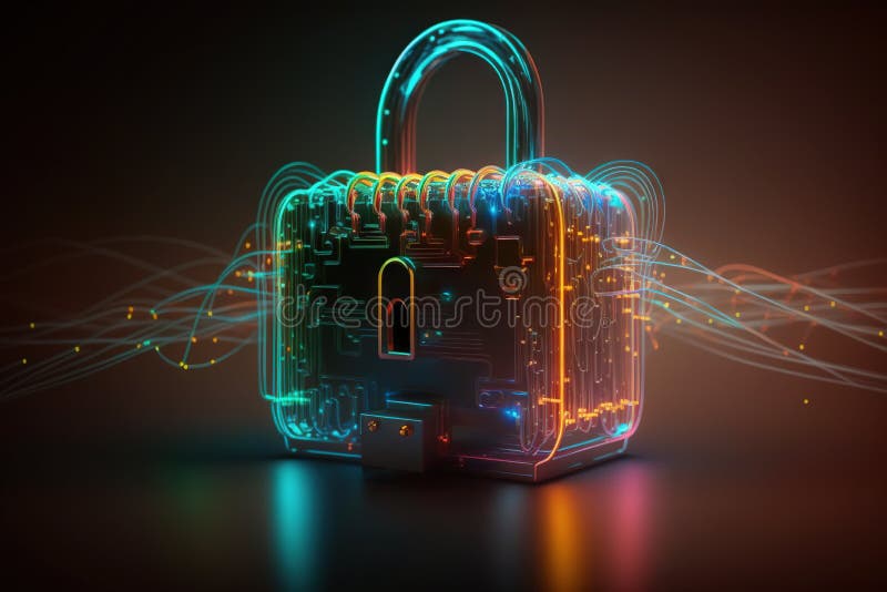 Cyber Security Concept Neon Padlock with Intercom Stock Illustration ...