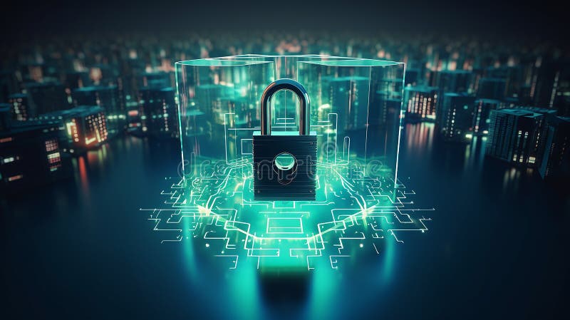 Cyber Security Concept with Padlock on Abstract City Background Stock ...