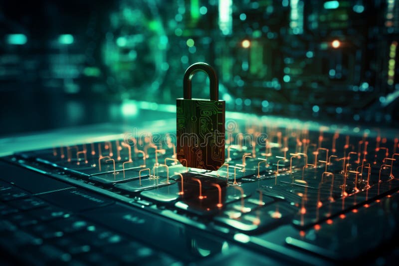 Cyber Security Concept with Padlock on Computer Chip Boards in Neon ...