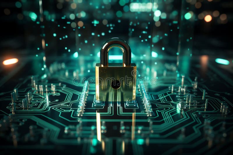 Cyber Security Concept with Padlock on Computer Chip Boards in Neon ...