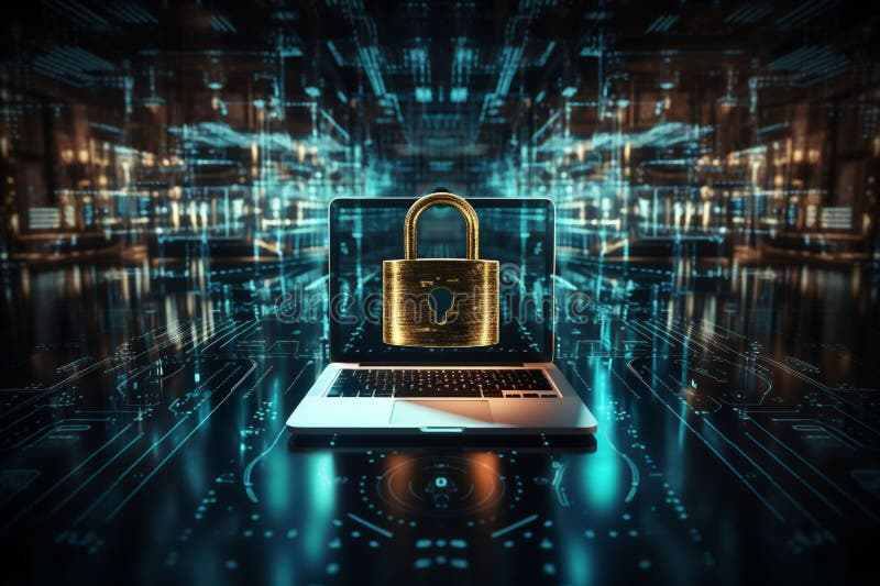 Cyber Security Concept with Padlock on Computer Chip Boards in Neon ...