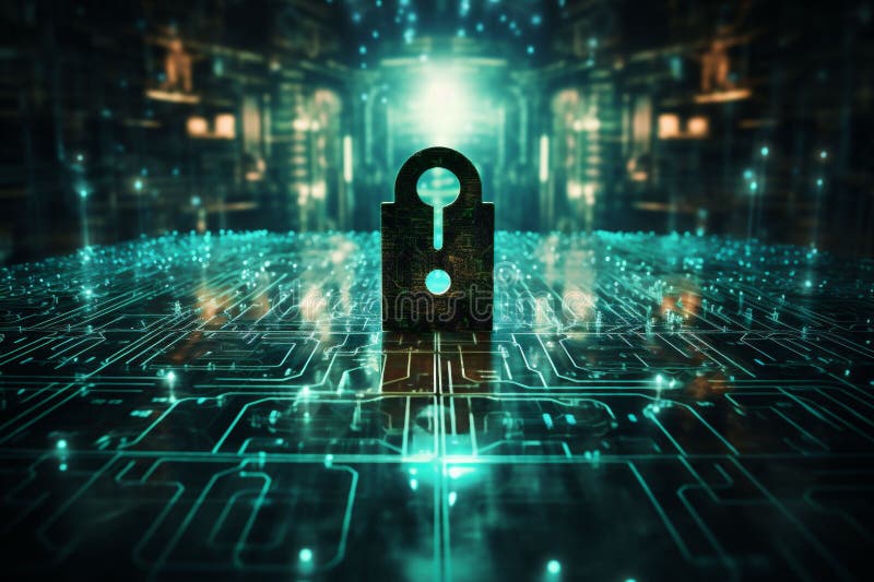 Cyber Security Concept with Padlock on Computer Chip Boards in Neon ...