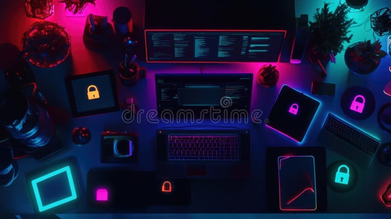 Cyber Security Concept with Padlocks and Electronic Devices on Desk ...