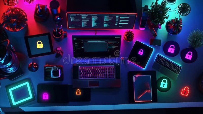 Cyber Security Concept with Padlocks and Electronic Devices on Desk ...