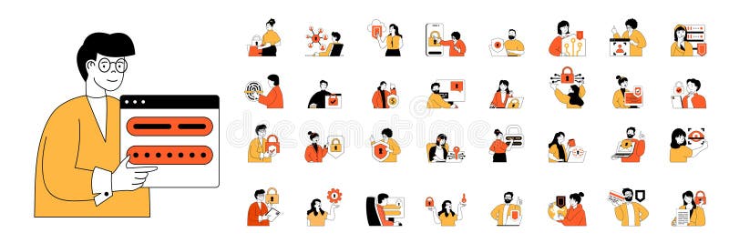 Cyber Security Concept with People Situations Mega Set in Flat Web ...