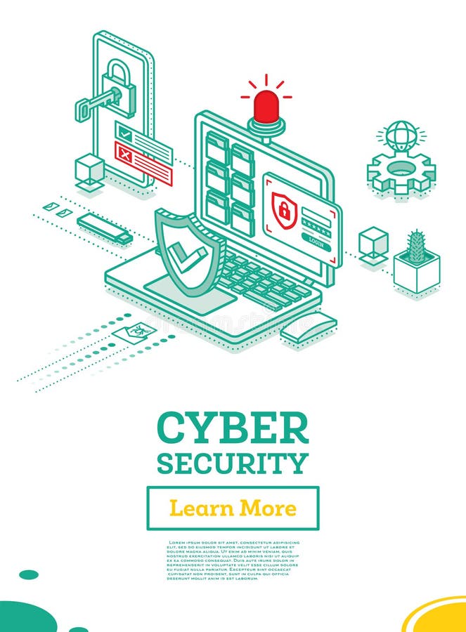 Cyber Security Concept. Shield Symbol. Isometric Laptop and Smartphone with Key Inserted in Lock ...