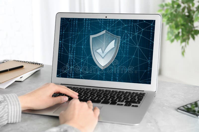 Cyber Security Concept. Woman Using Application on Laptop Stock Image ...