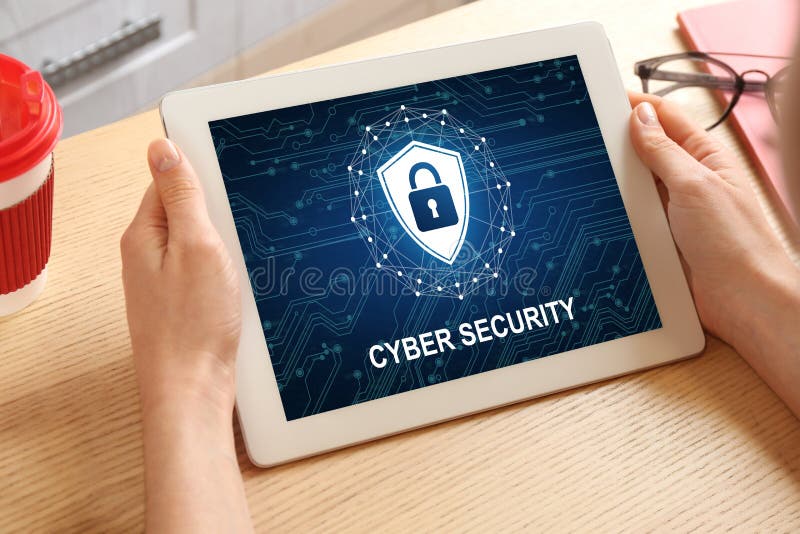 Cyber Security Concept. Woman Using Application on Tablet Stock Image ...