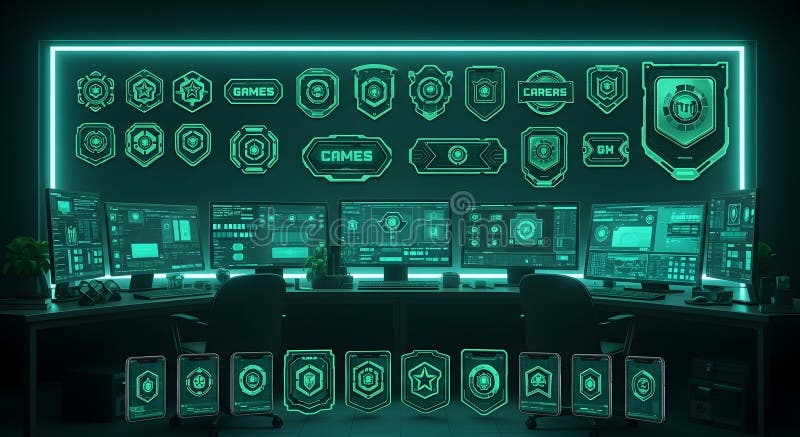 Cyber Security Control Room with Multiple Displays and Glowing Emblems ...
