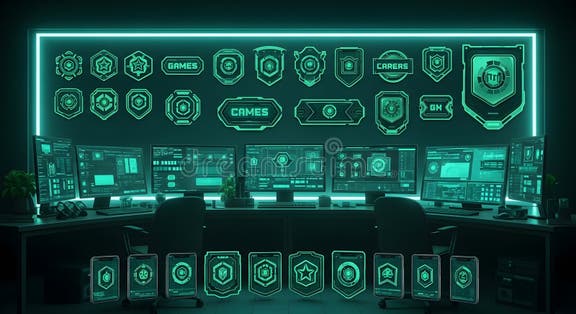 Cyber Security Control Room with Multiple Displays and Glowing Emblems ...