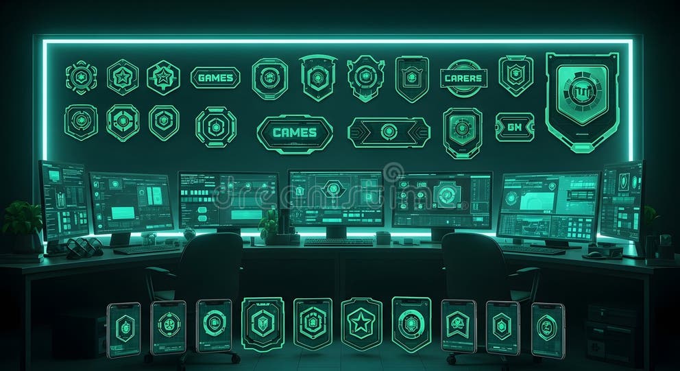 Cyber Security Control Room with Multiple Displays and Glowing Emblems ...