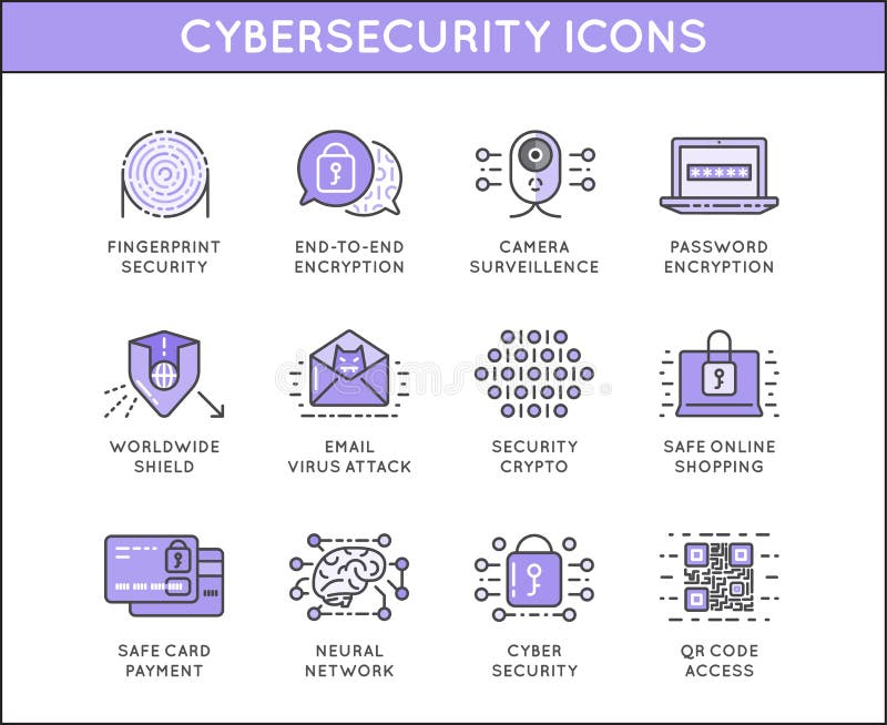 Cyber Security and Cyber Crime Outline Icon Set. Filled with Color ...