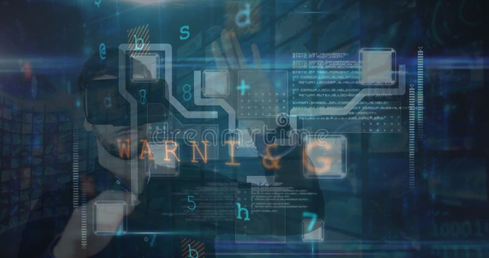 Cyber Security Data Processing Against Caucasian Man Wearing Vr Headset ...