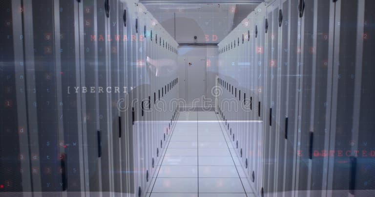 Cyber Security Data Processing Over Empty Computer Server Room Against Male Hacker Stock Photo ...