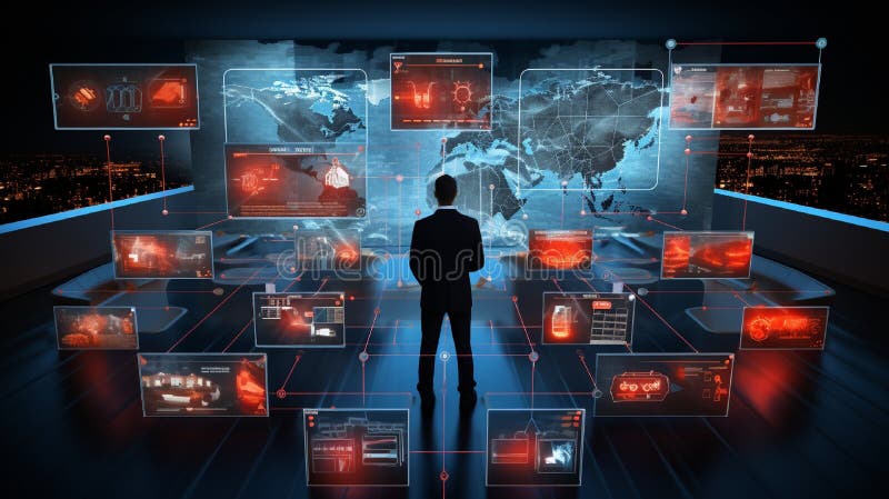 Cyber Security Data Protection Red Lights and Map Display with a Data ...