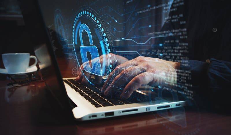 Cyber Security and Digital Computer Protection Symbol and Man Typing ...