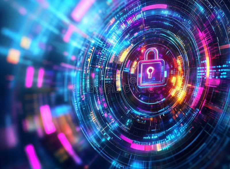 Cyber Security Digital Padlock in Futuristic Neon Data Stream Stock ...