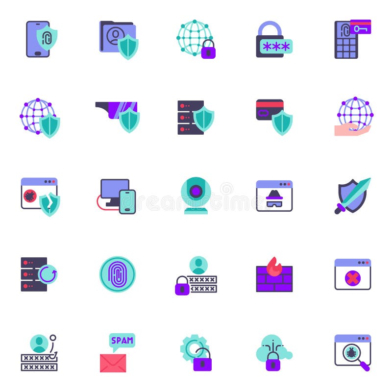 Cyber Security Elements Collection, Flat Icons Set Stock Vector ...