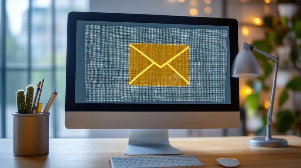 Cyber Security Envelope Icon Displaying on Computer Screen in Modern ...