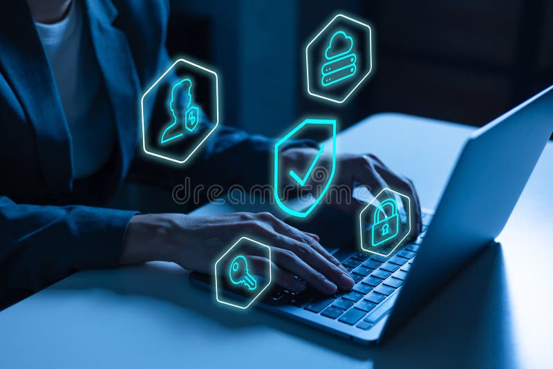 Cyber Security Expert in Business Suit Using Laptop Computer on Digital ...