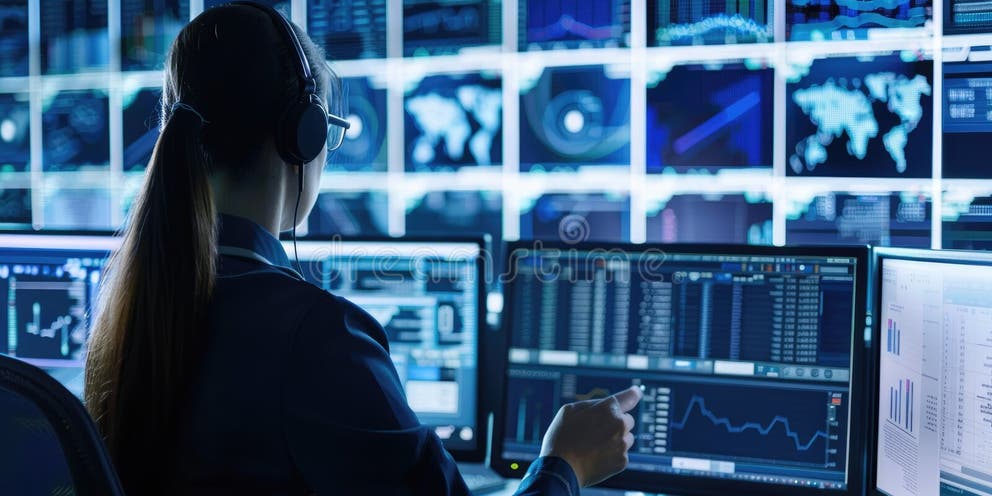 A Cyber Security Expert is Seen Working in a Hightech Control Room with Multiple Monitors AIG62 ...