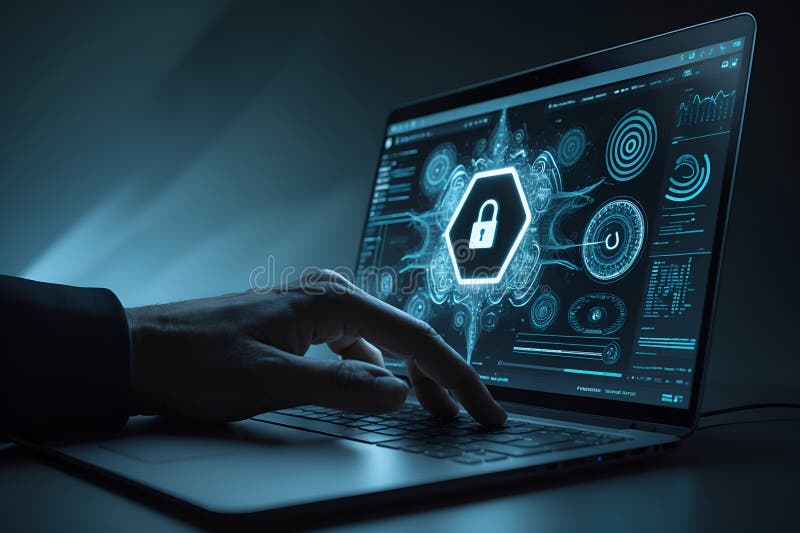 Cyber Security Expert Typing on Laptop Analyzing Data Protection and ...