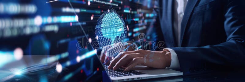 A Cyber Security Expert Works on a Laptop, Focusing on Data Protection ...