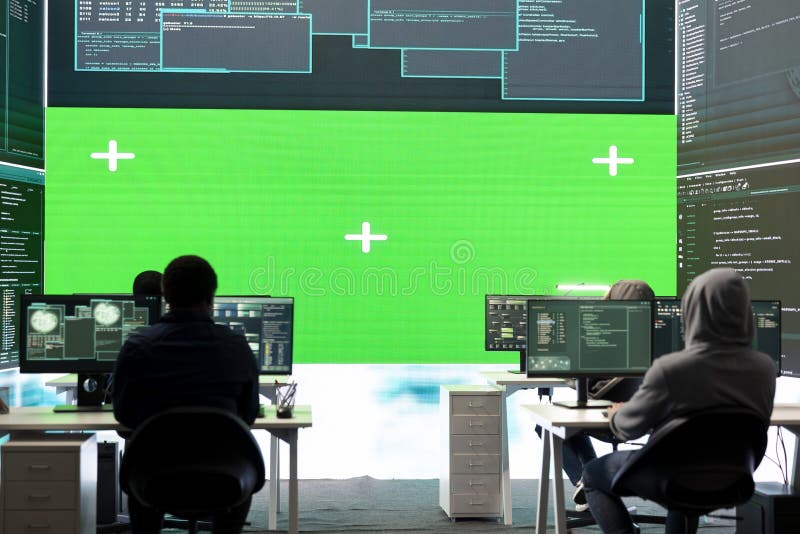 Cyber Security Experts Working with Mockup Layout on a Big Screen Stock ...